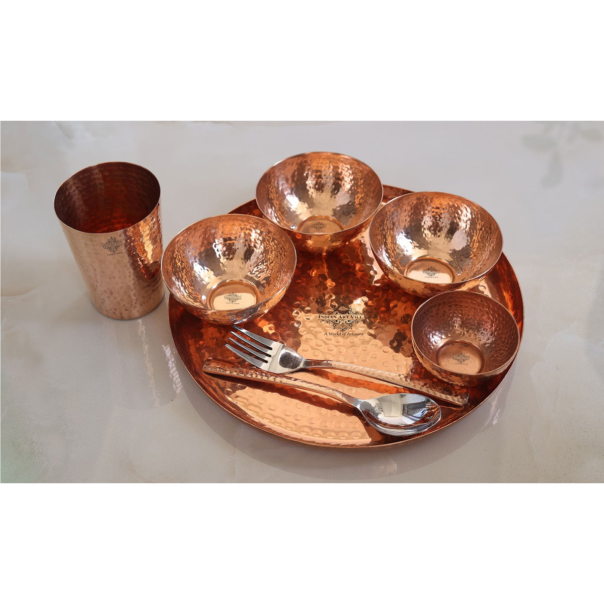 Buy Handcrafted Pure Copper 8 Pieces Dinner Set with Hammered Design ...
